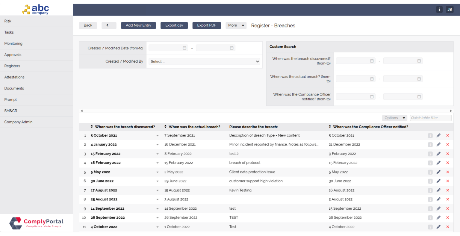 Registers Module - ComplyPortal